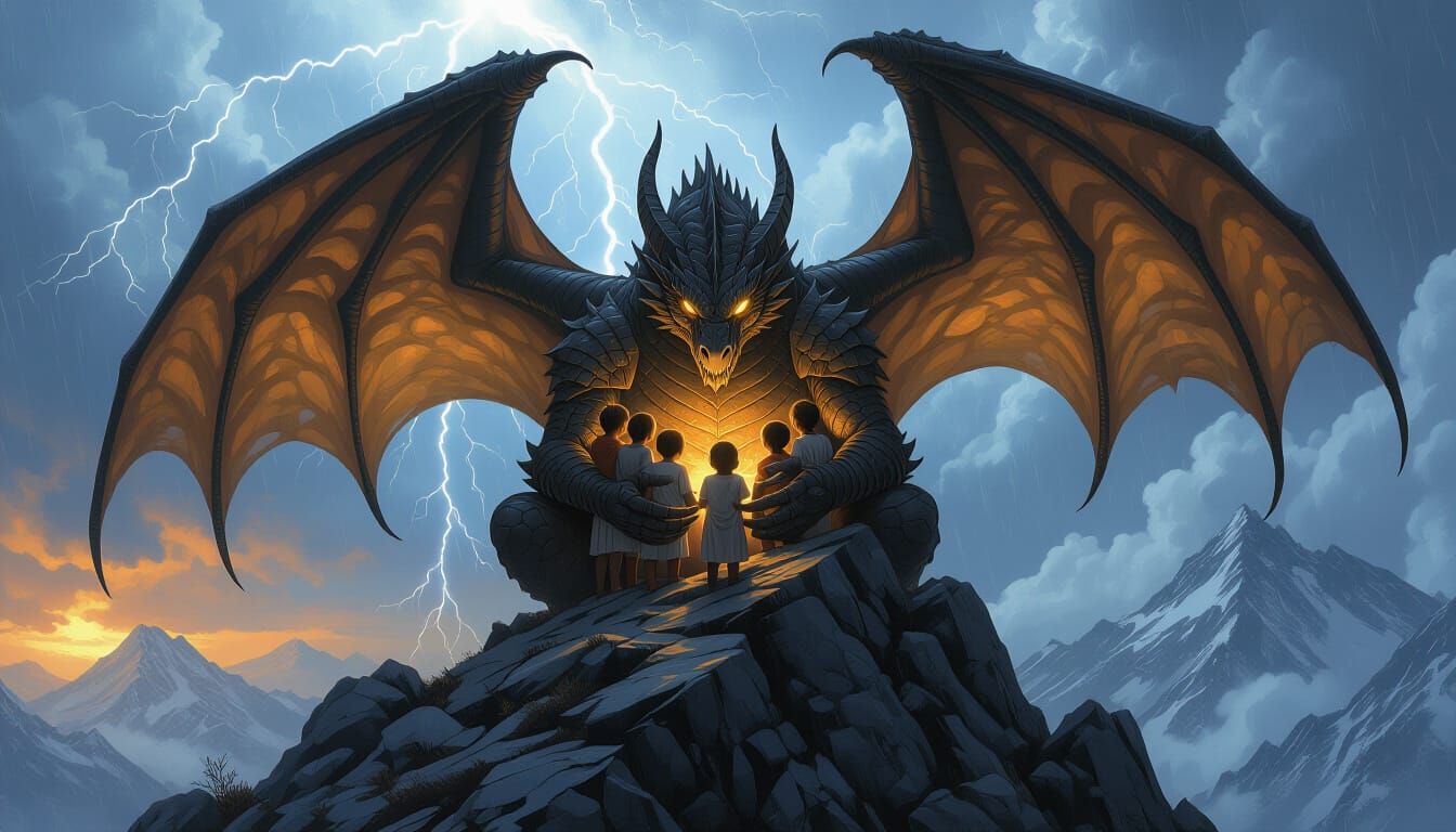 Dragon Cradling Orphans Atop Windswept Mountain - AI Art