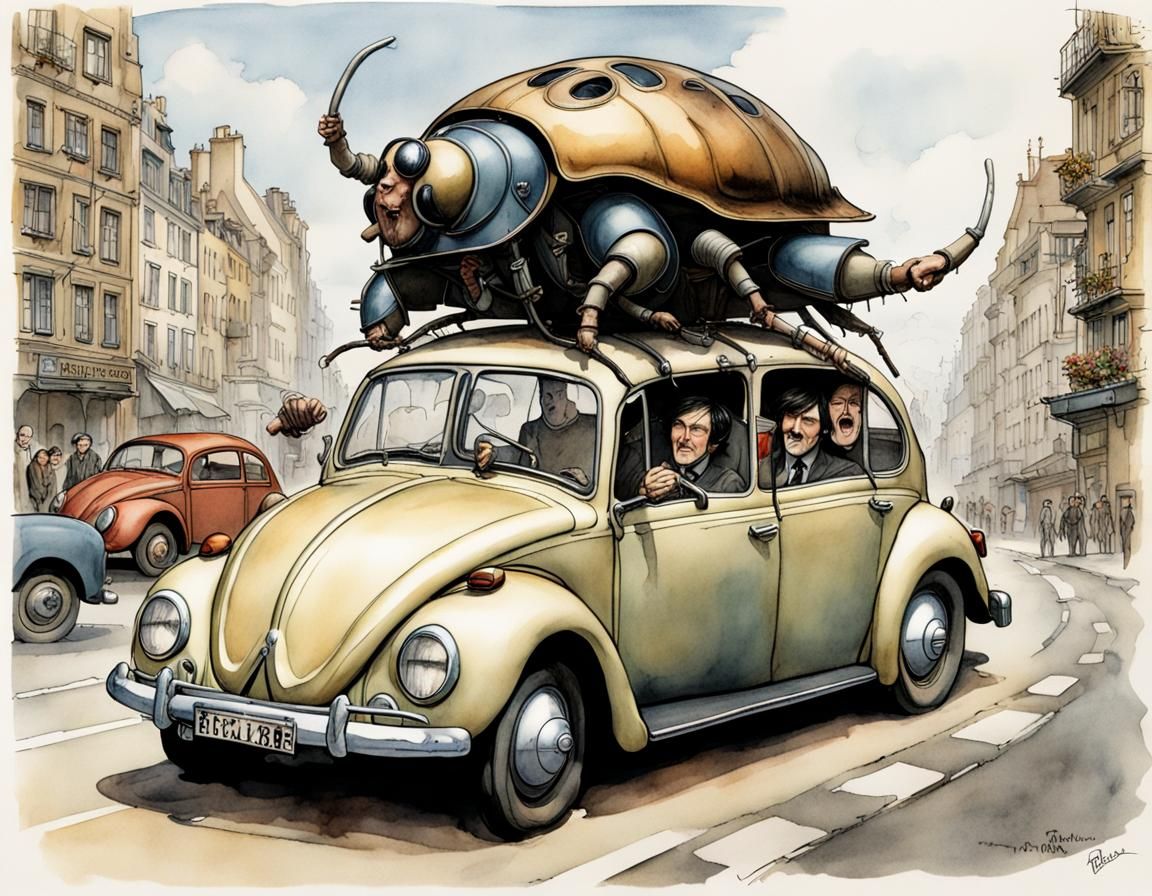 The Beatles in a VW beetle-cabriolet, flying beetles in the air - AI ...