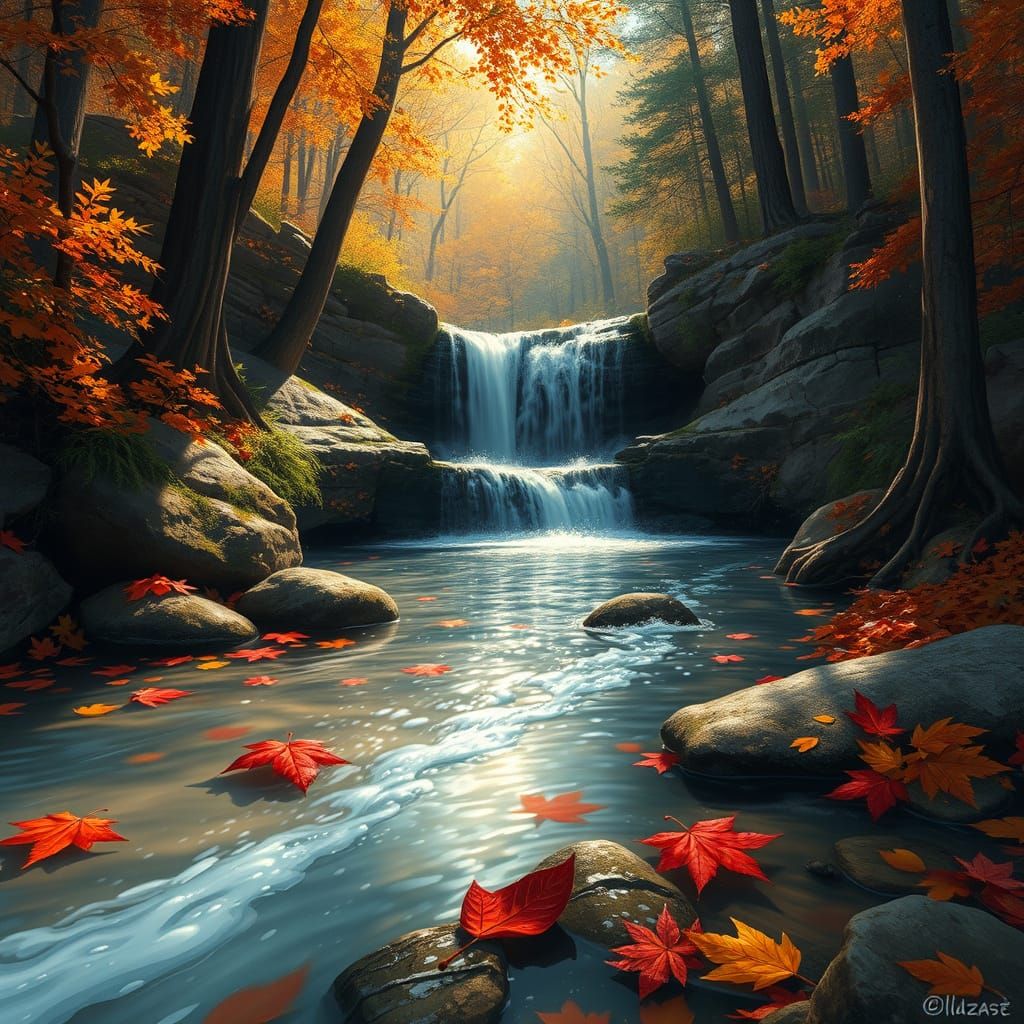 The Woodland Waterfall in Fall - Whimsical Woodland Waterfal...