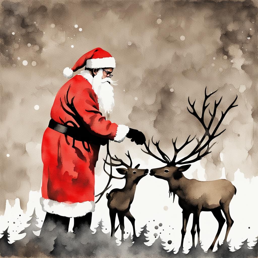 Banksy style Watercolor Santa on Christmas Eve tending reindeer - AI ...
