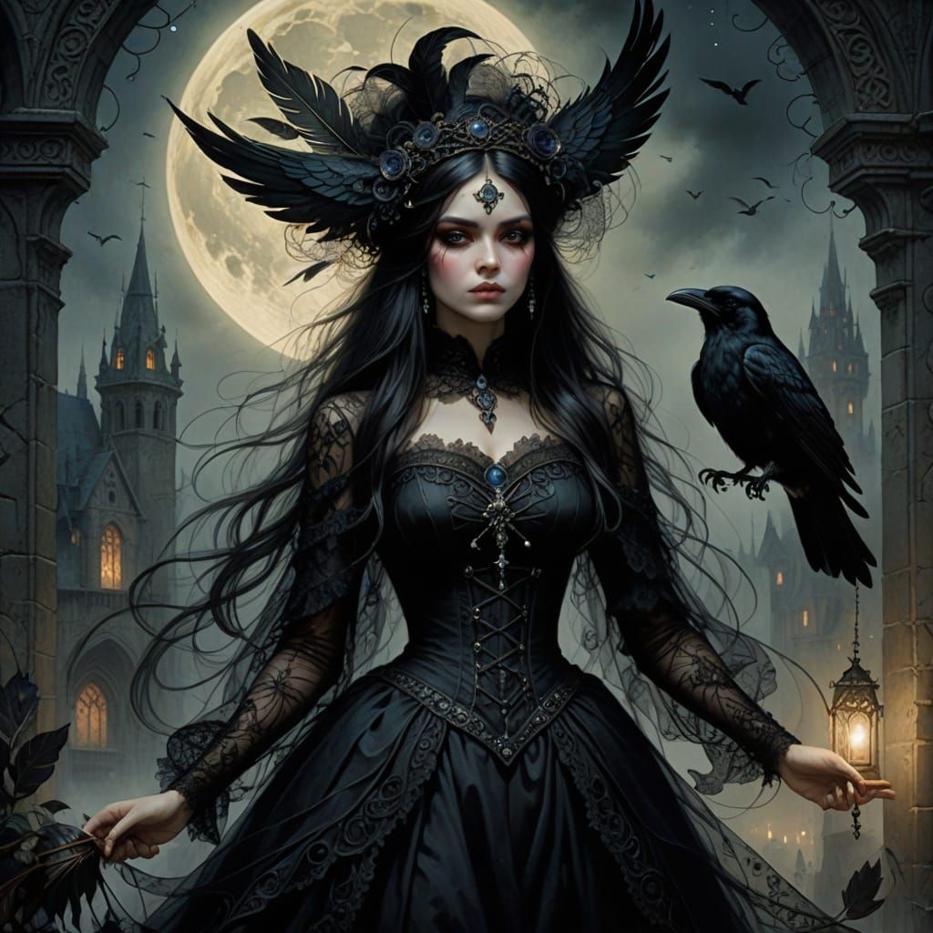 Ethereal Black Witch in Victorian Mourning Attire ... - AI Art