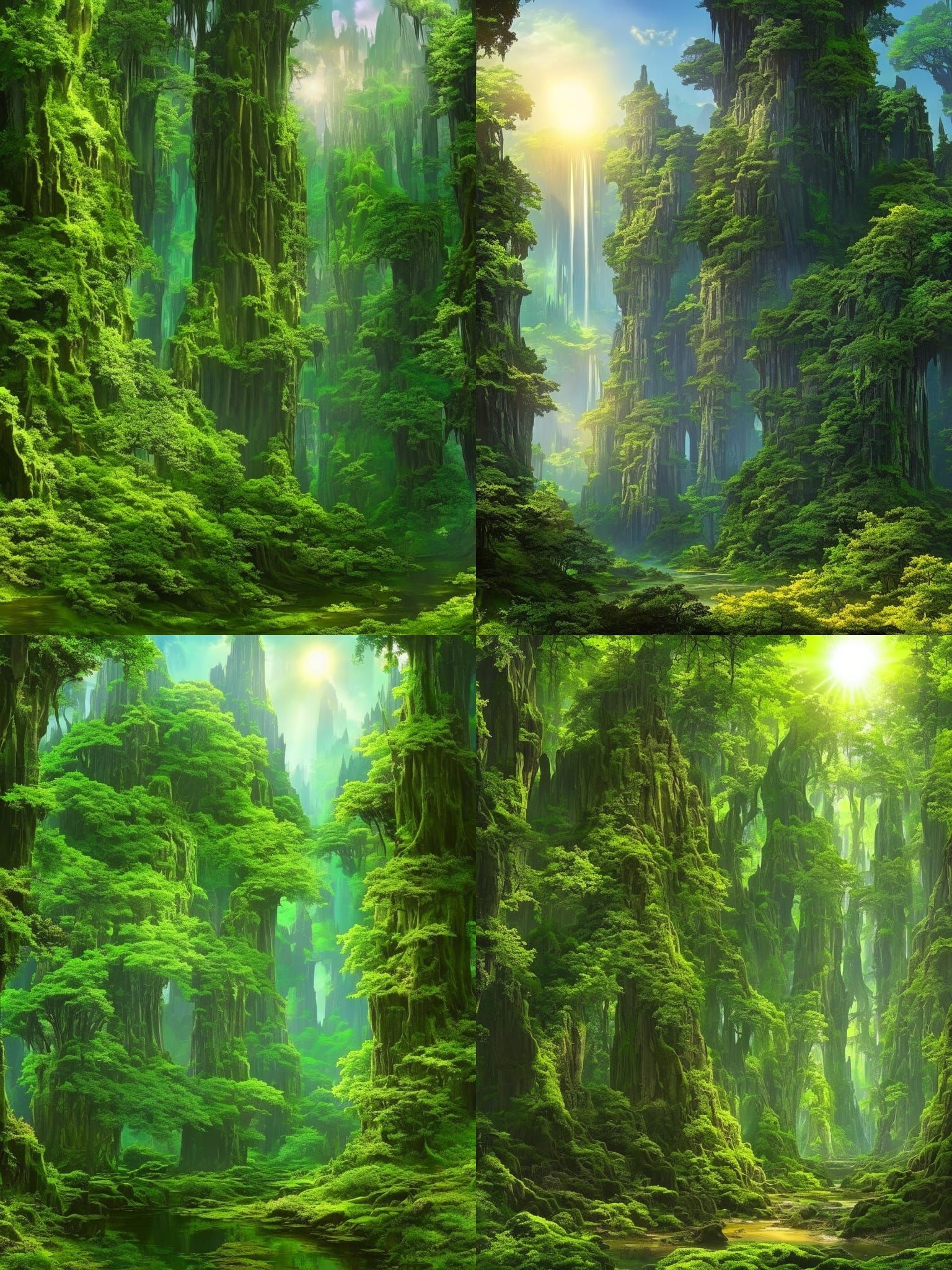 a large forest in a fantasy style with abundant and luxuriant ...