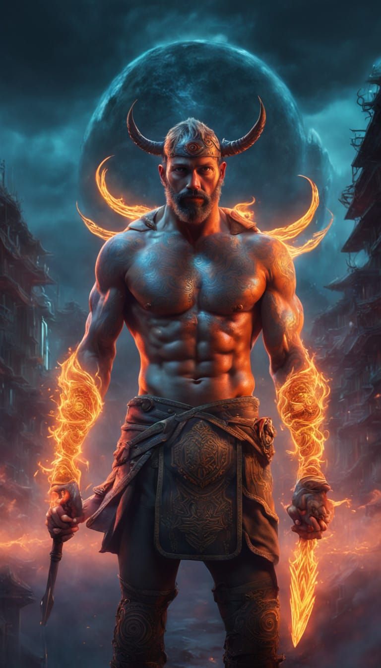 Mighty barbarian with Aztec Chemiluminescent infused glowing tattoos ...