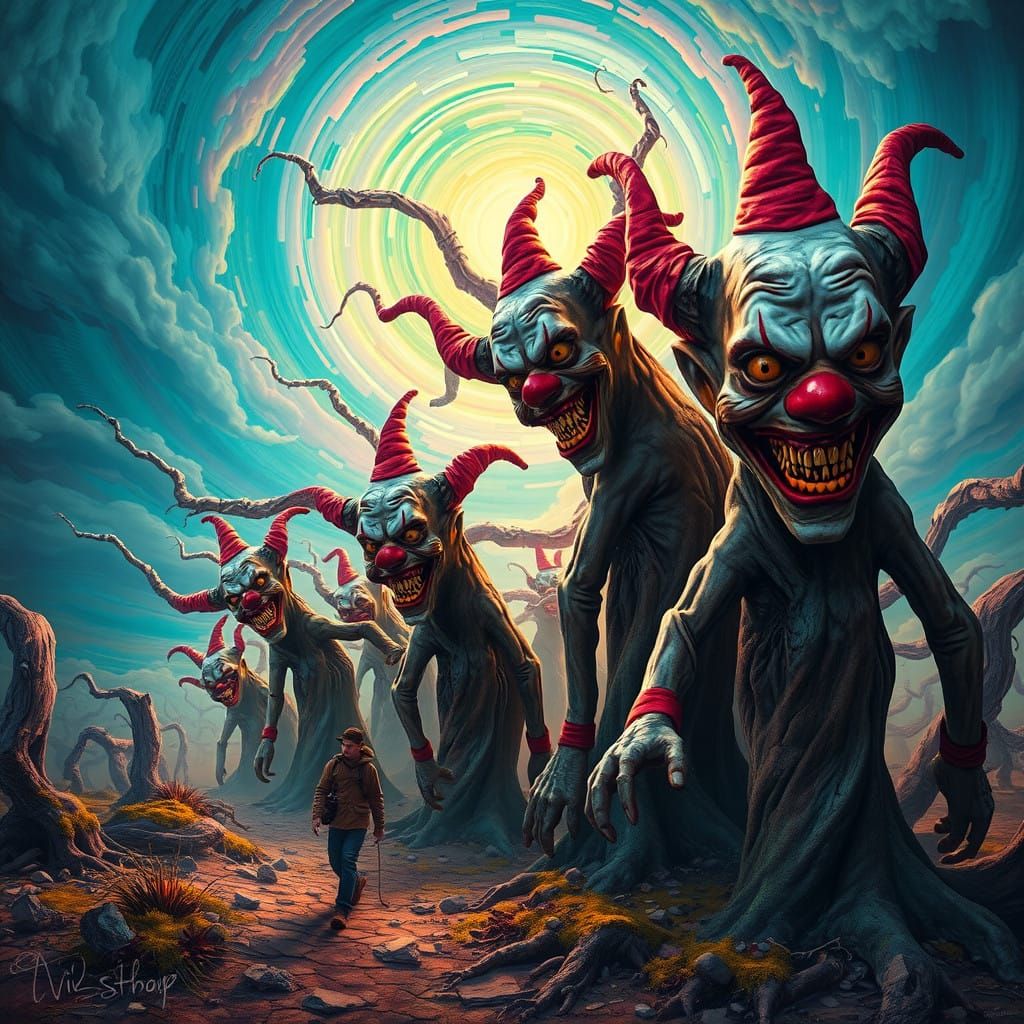 Surreal Forest of Twisted Clown Trees in Cyberpunk... - AI Art