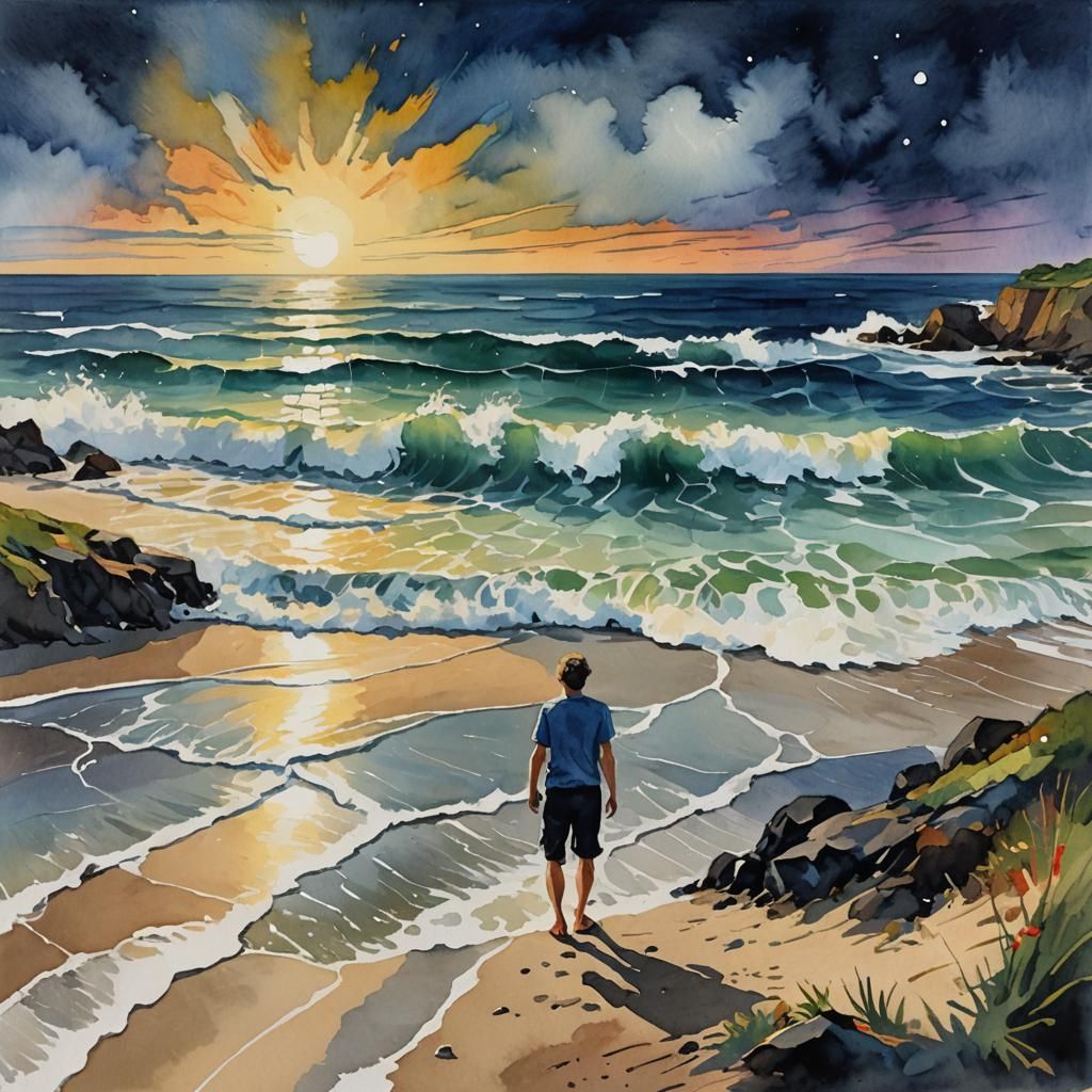 Midnight musings under a dark summer sun walking on a beach with the waves washing away my trail ...