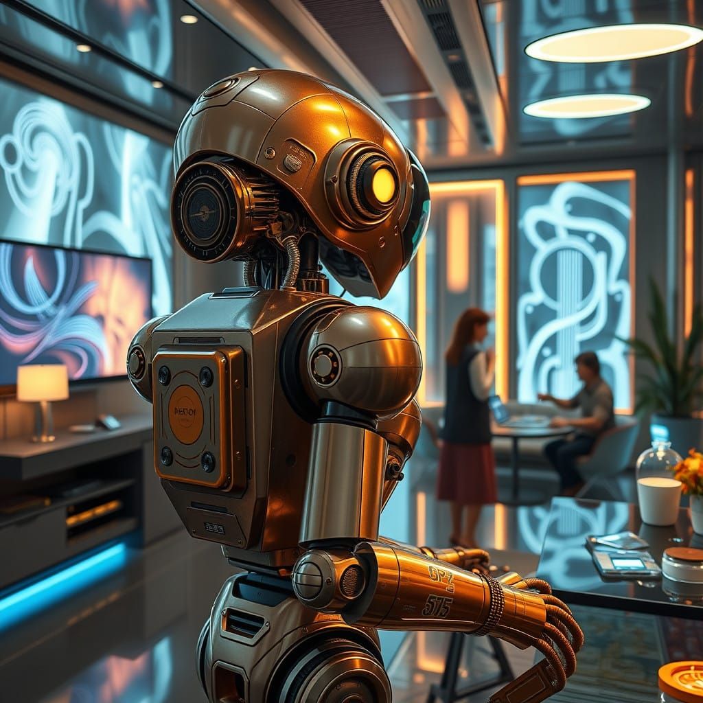 1920s Robot Assists Family in Futuristic Home - AI Art