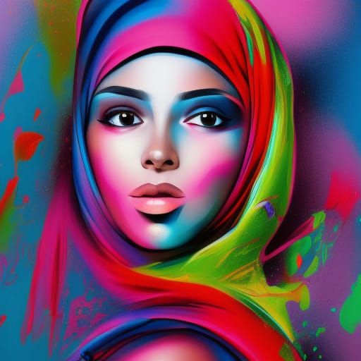 a beautiful, modest Muslim woman graffiti art, splash art, street art ...