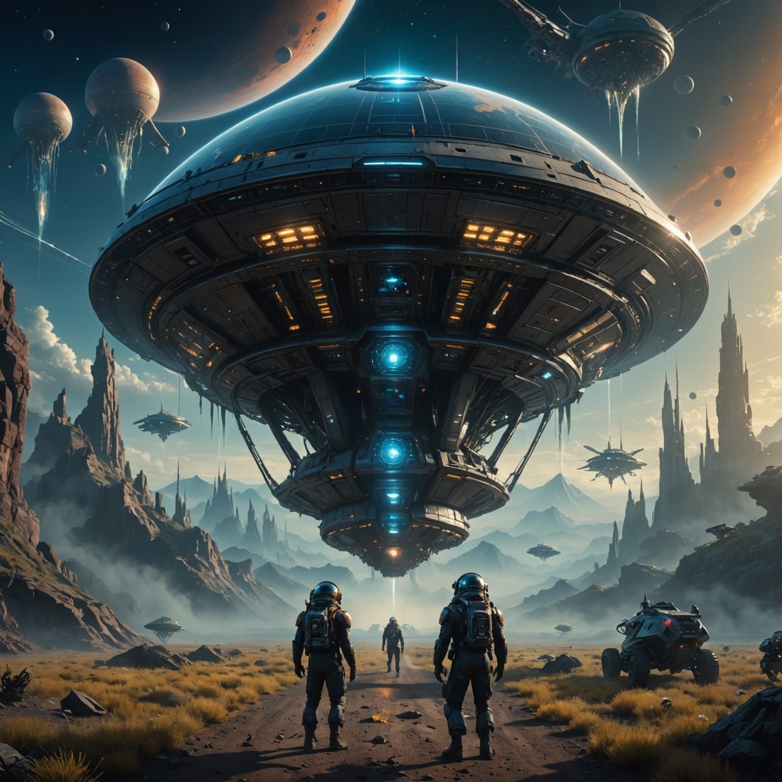 A dramatic moment of first contact, with aliens emerging from their ...