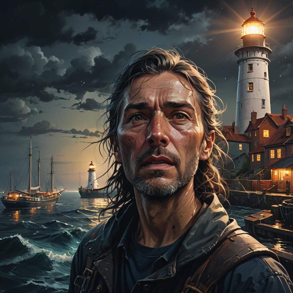 Lighthouse in front of a harbour village on a dark night - AI Generated ...