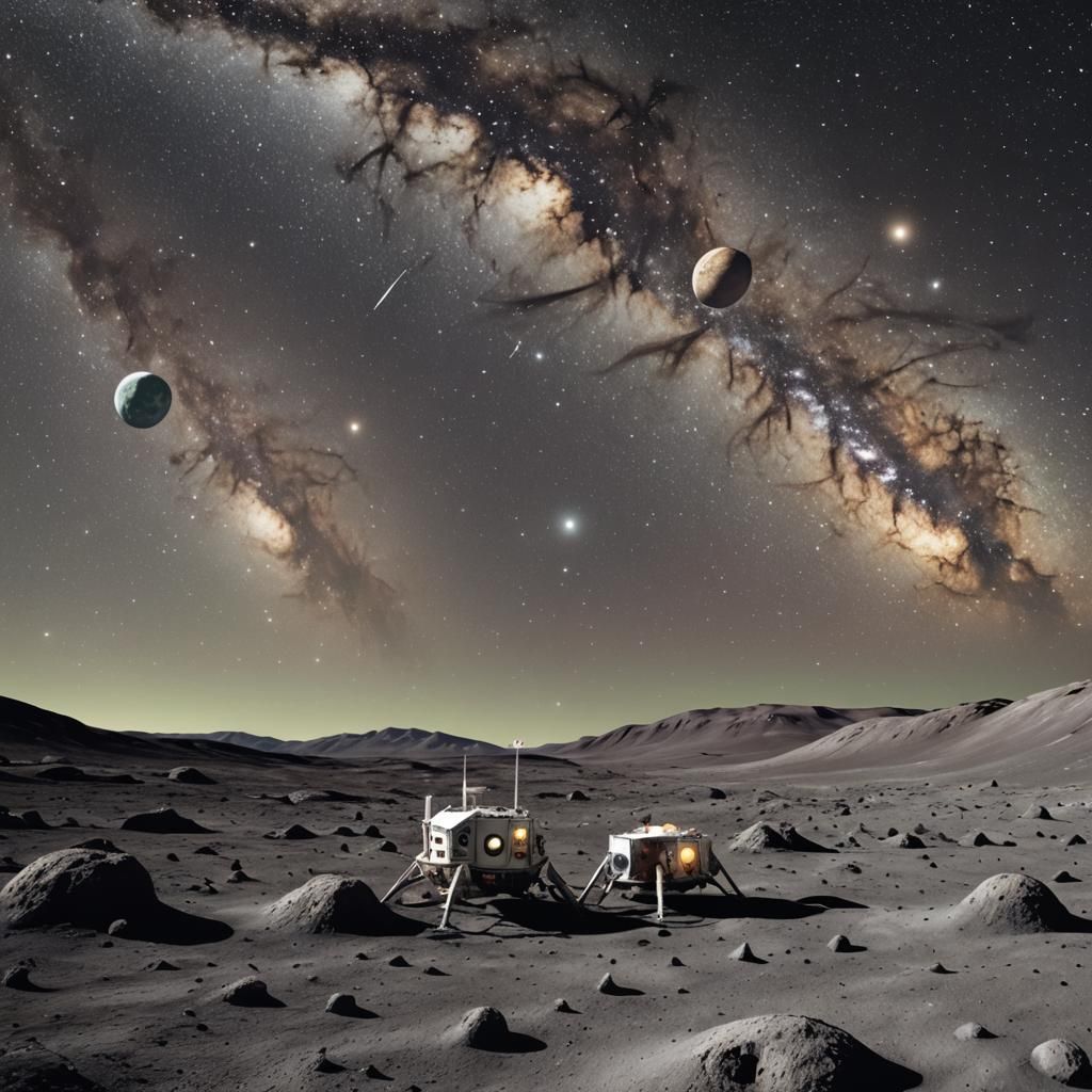 miniature spaceship on the moon surface, starry night sky with planets ...