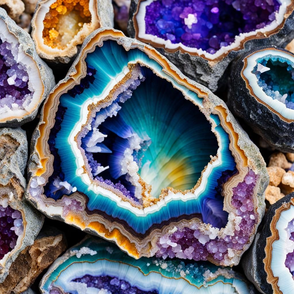 Geode rock, split in half, full of multi colored large crystals - AI ...