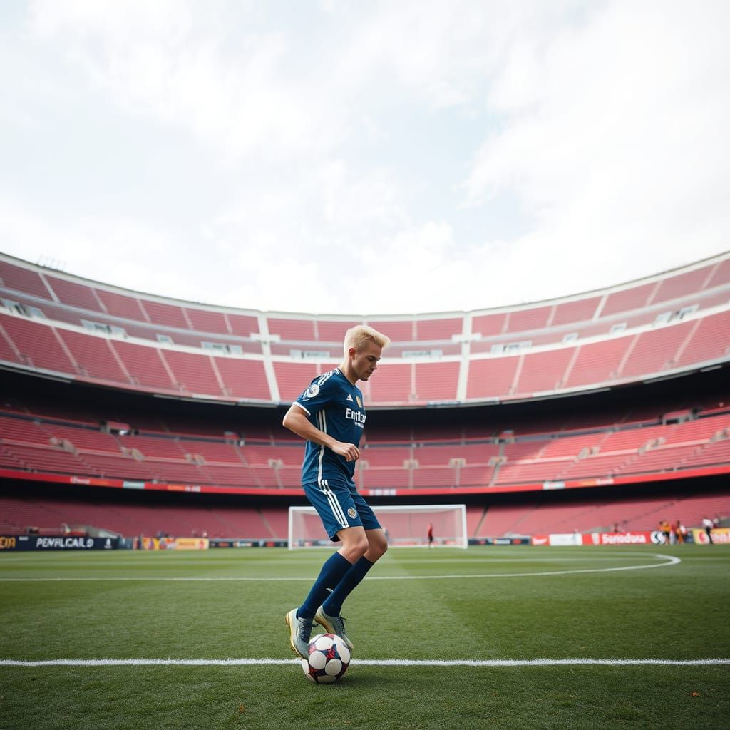 Soccer Star Focuses at Barcelona's Iconic Stadium - AI Art