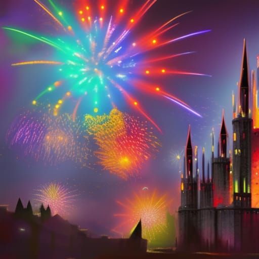 Fireworks on medieval towers - AI Generated Artwork - NightCafe Creator