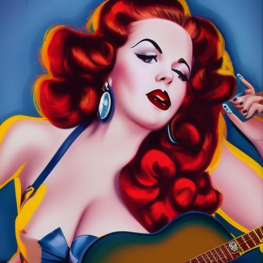 deep color highly detailed painting photoillustration, voluptuous rockabilly girl with vintage ...
