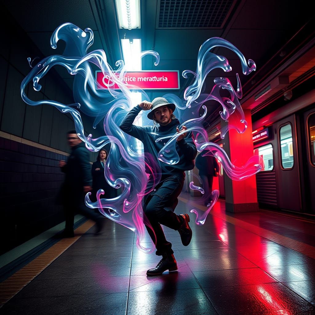 Fluid busker MALE DANCER, synthwave subway station... - AI Art