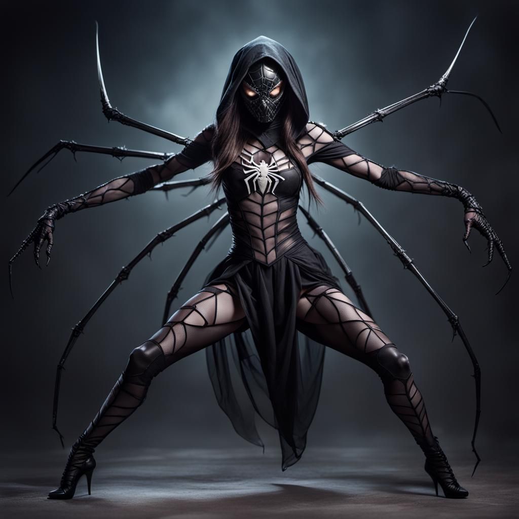 Attractive holy spider monster woman clad in sheer silk, full body picture, combat pose ...