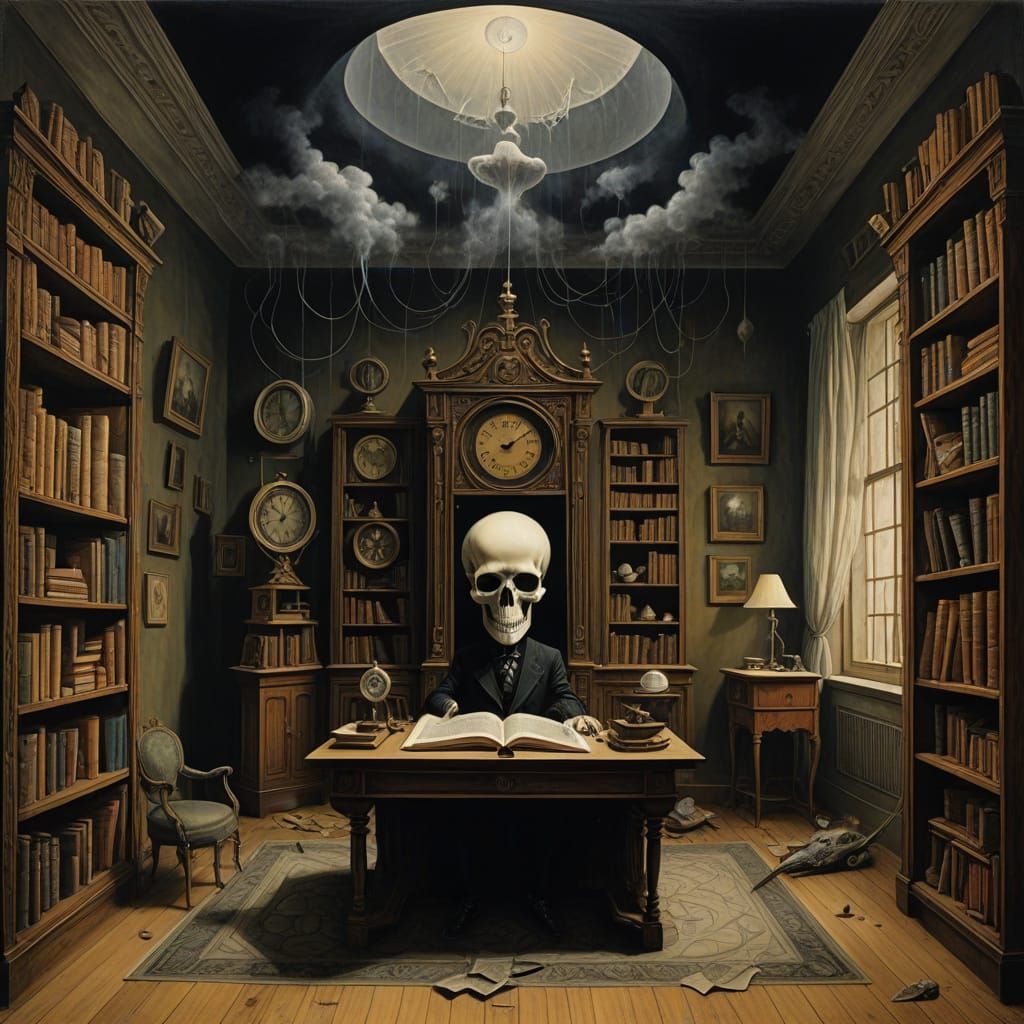 Surrealist Child's Drawing of a Goth Library in Wh... - AI Art