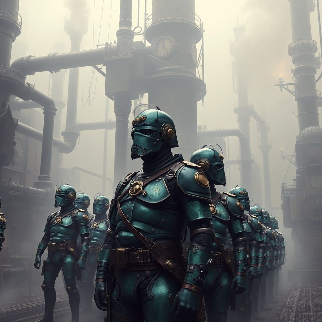 Steampunk Soldiers in Emerald Armor - AI Art