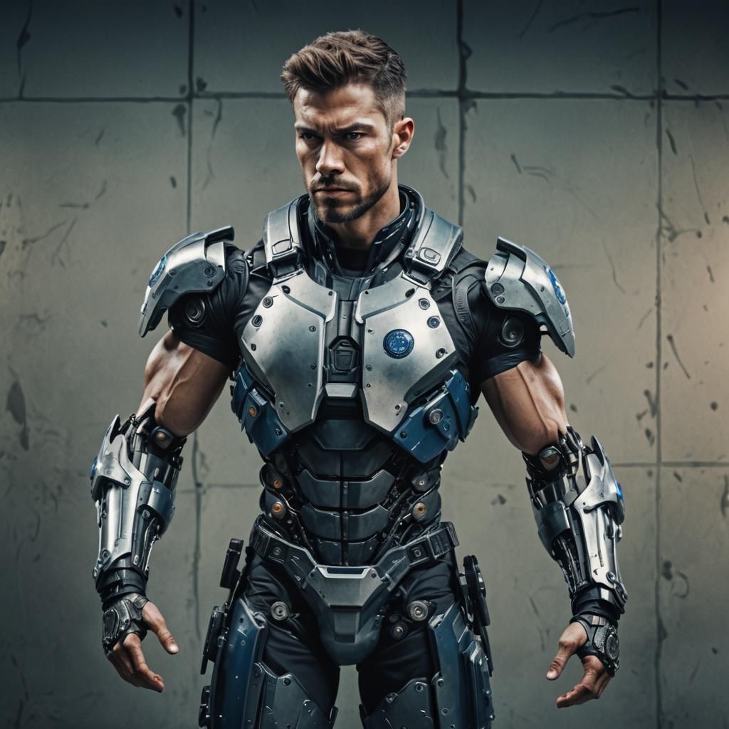 full body portrait of muscluar handsome male cyborg wearing police ...