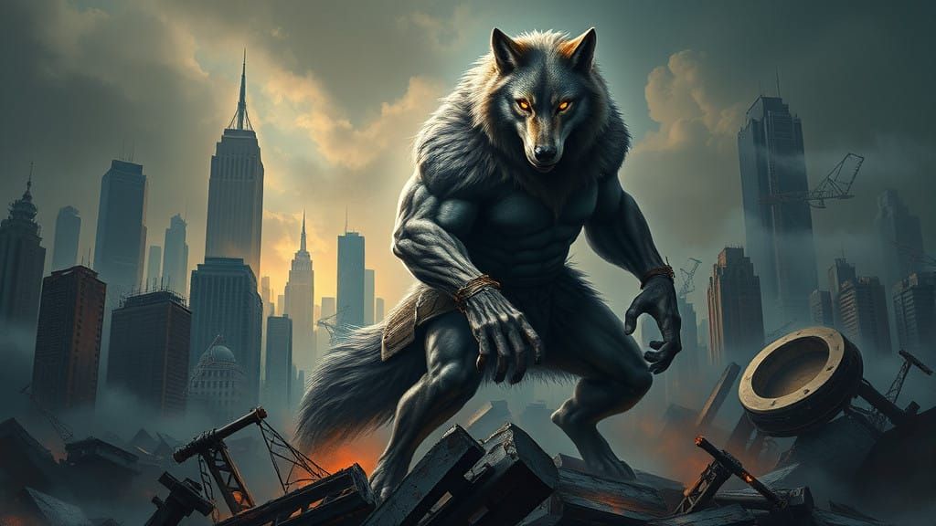 Muscular Wolf Warrior in Dark Post-Apocalyptic Cit... - AI Art