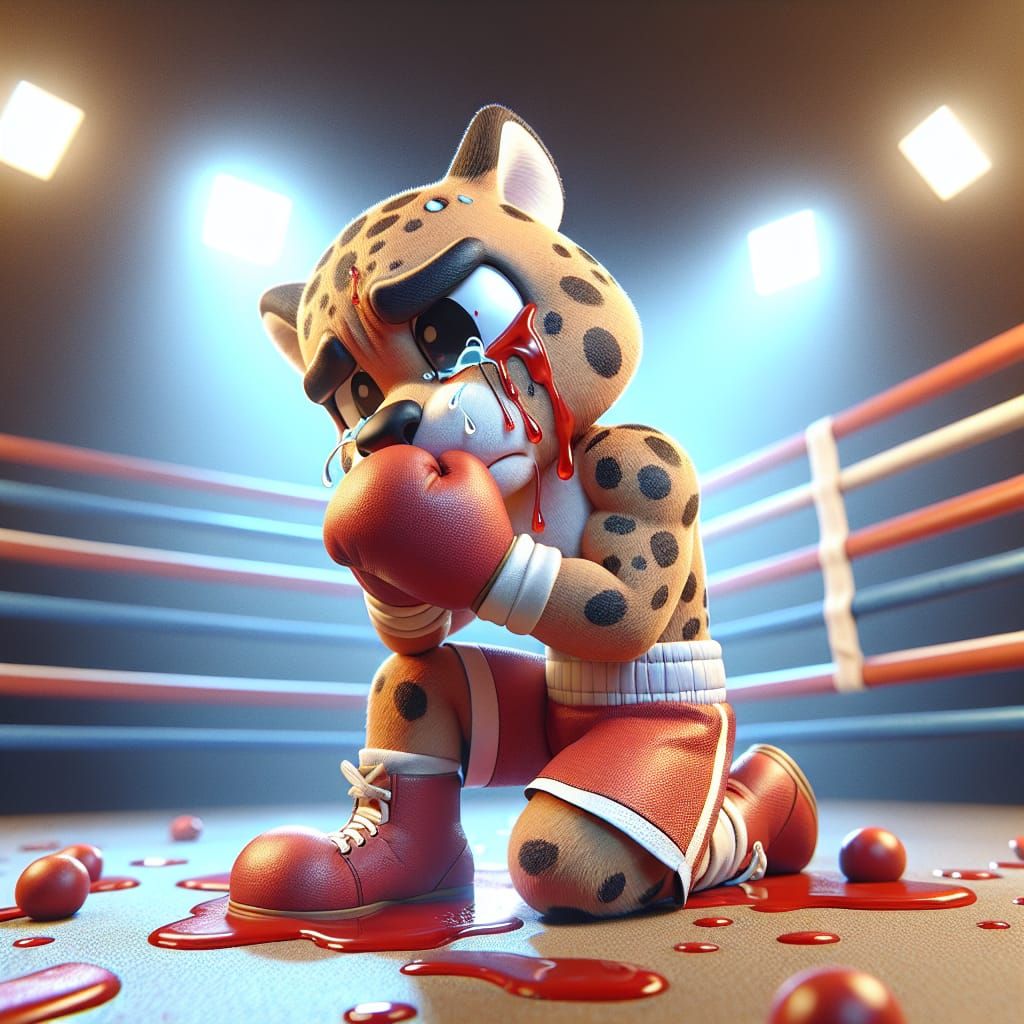 CGI cartoon leopard boxer in a boxing ring. He is crying on his knees ...