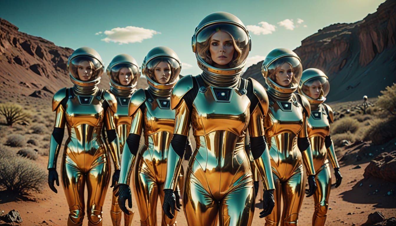 A group of futuristic women wearing glowing reflective latex spacesuits ...