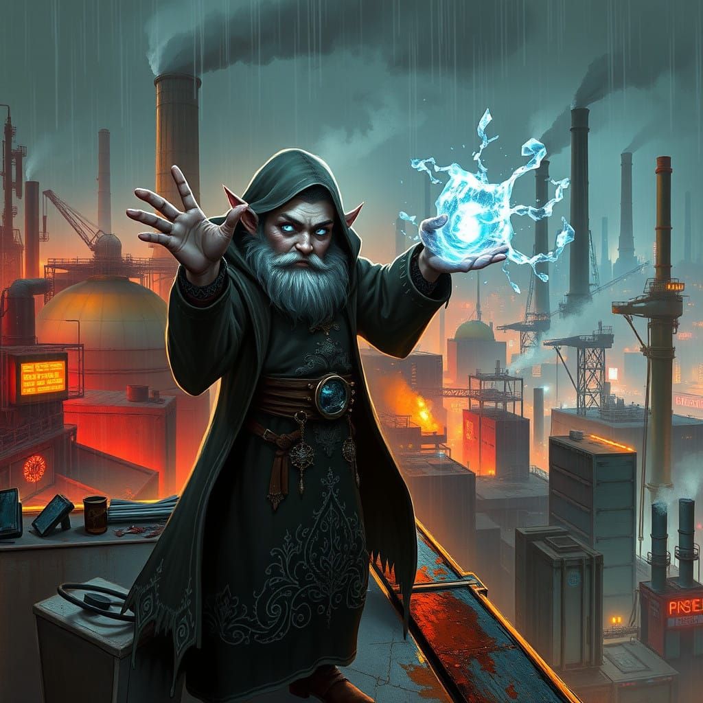 Dwarf mage - Gritty Futuristic Dwarf Mage Casts Ice Spell