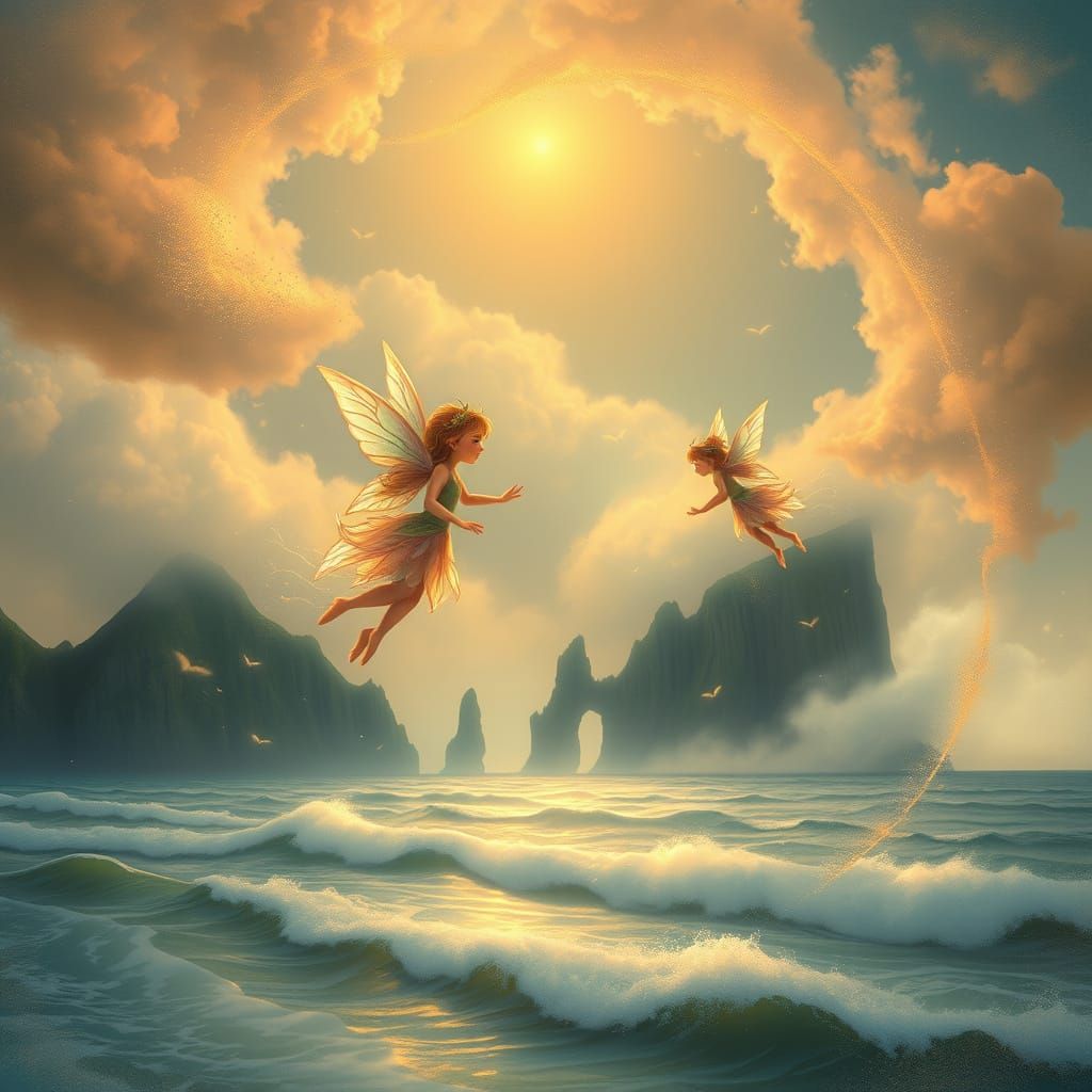 Pixies Dance Amidst Sunset Ocean Breeze - AI Art