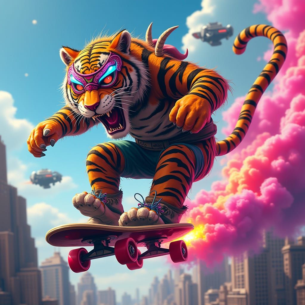 Surreal Tiger Soars Through Futuristic City on Roc... - AI Art