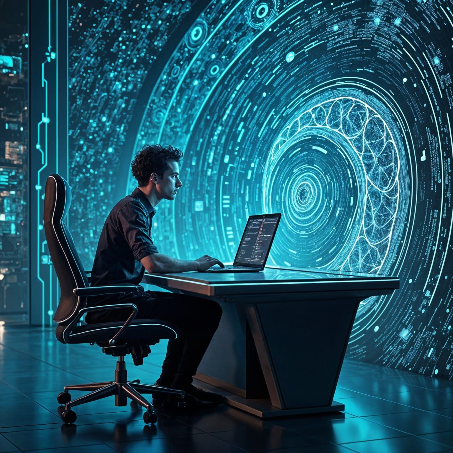 Individual working at a futuristic desk with glowing wall display in a ...