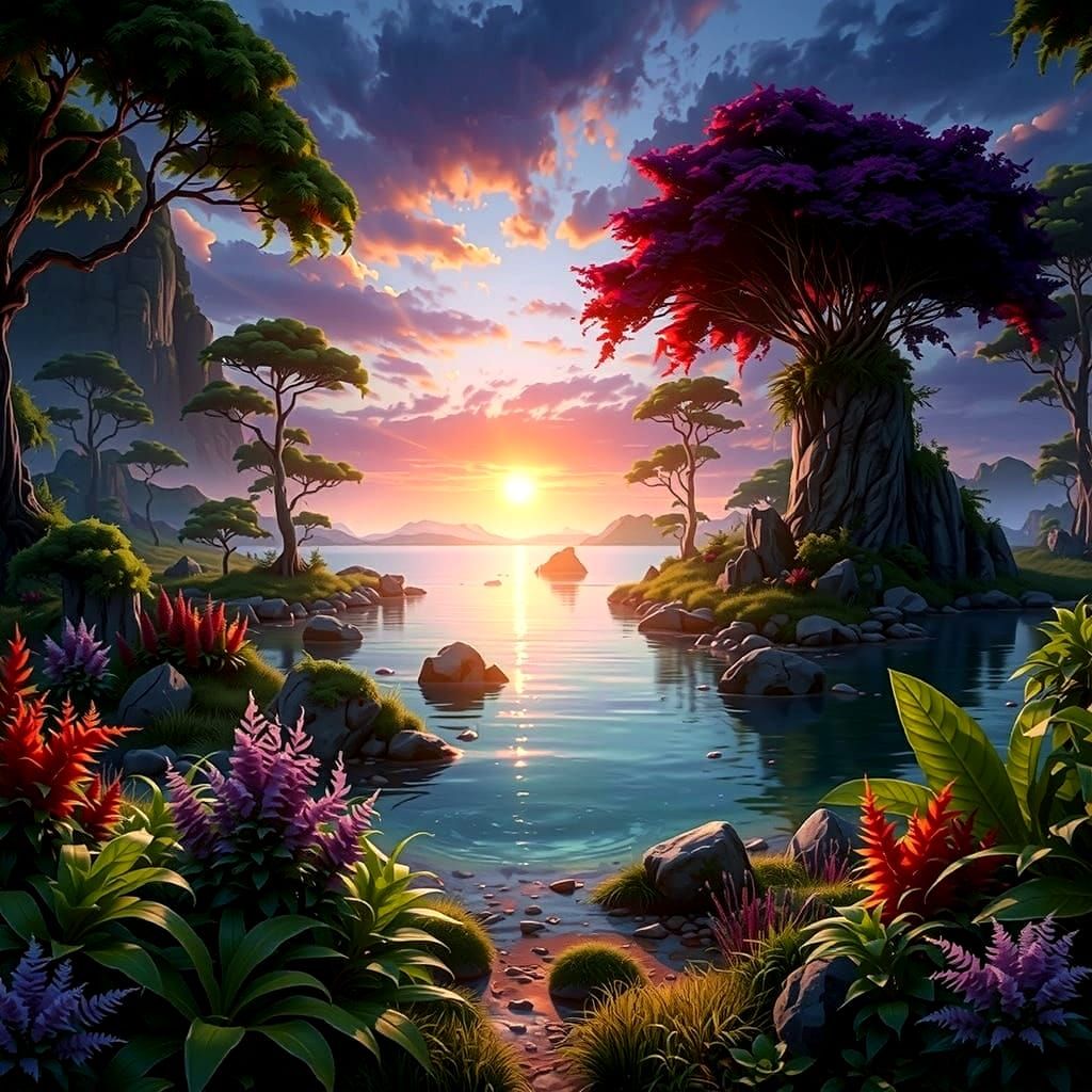 Lush Sunset Landscape in Vibrant Colors