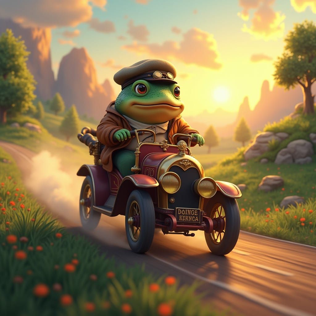 Mr Toad wearing a cap and driving goggles speeding in his automobile