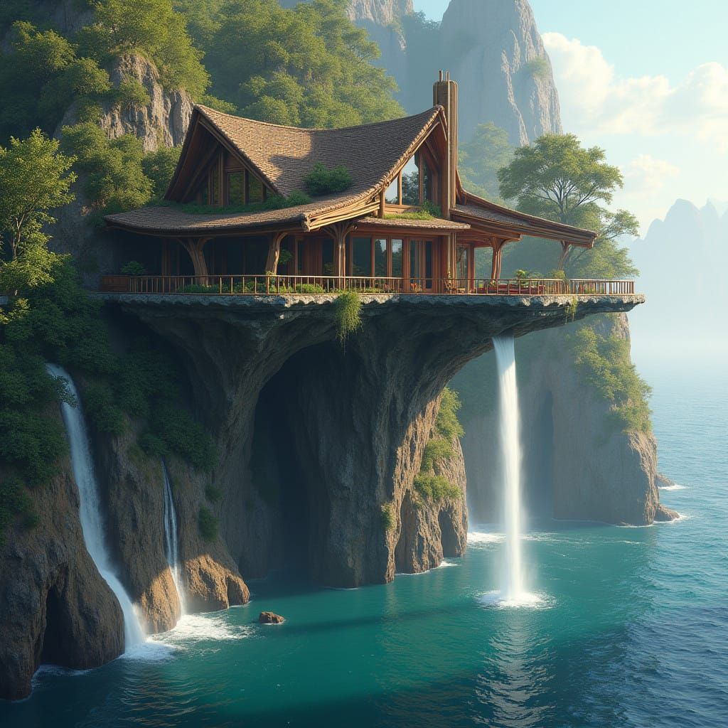Surreal Cliffside Estate Blends into Majestic Wate... - AI Art