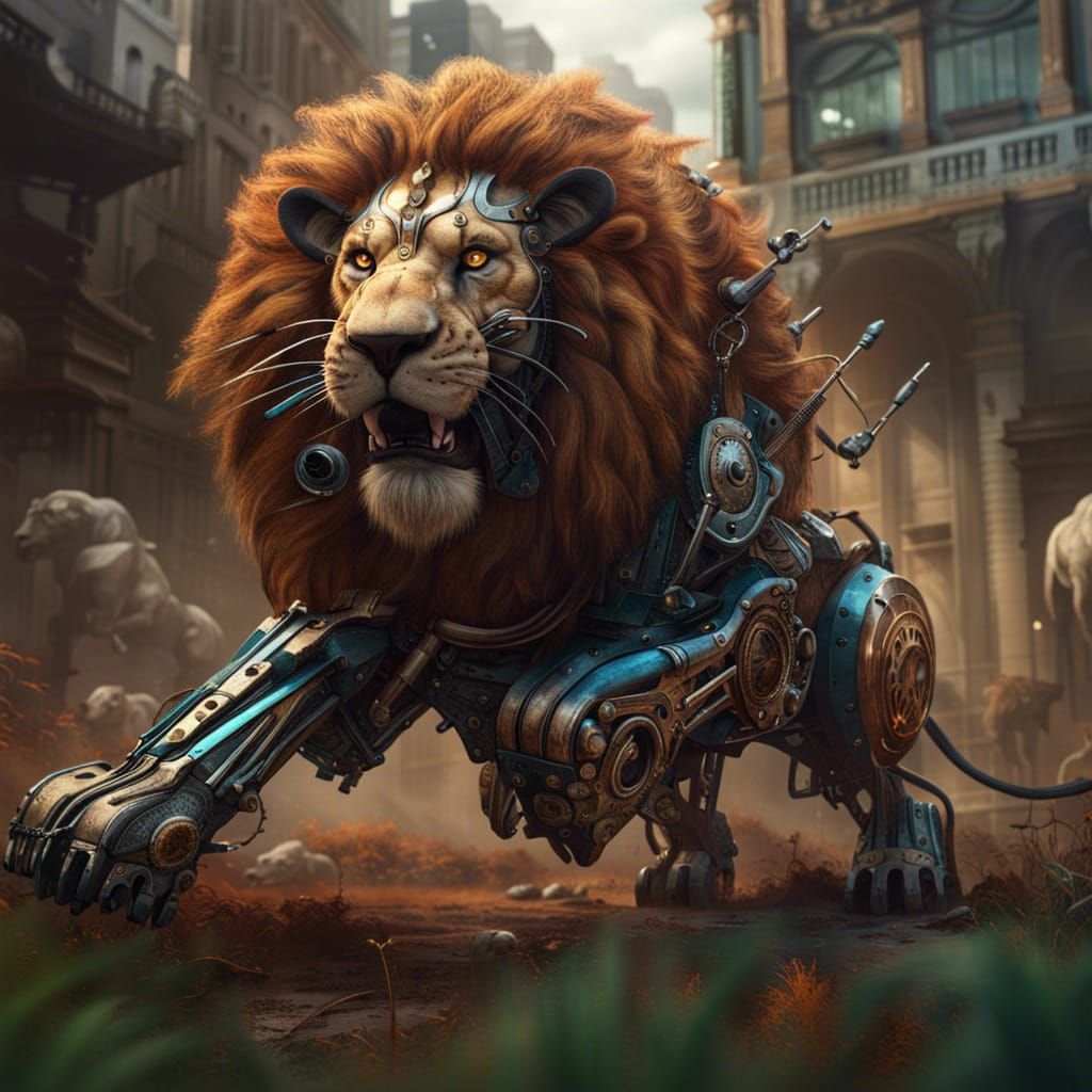 lion with mechanical bodyparts - AI Generated Artwork - NightCafe Creator