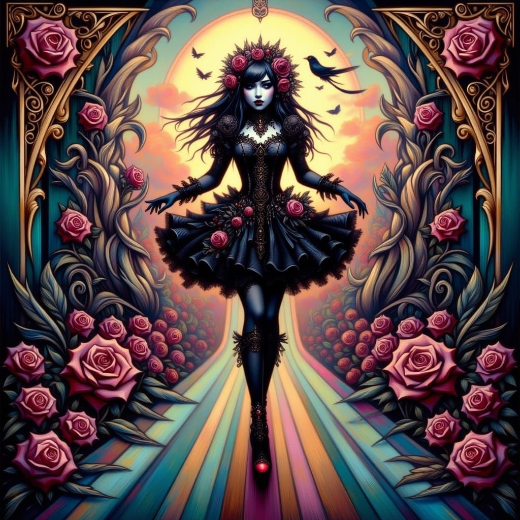 Goth queen in black gingham dress wearing ruby slippers walking on a ...