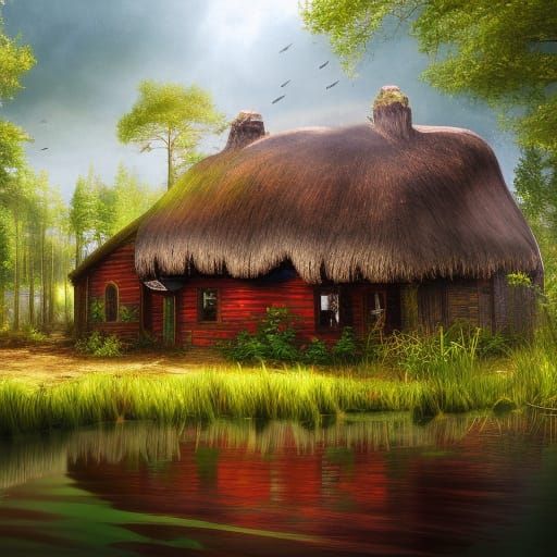 a cottage in the swamp Hyperrealistic, splash art, concept art, mid ...