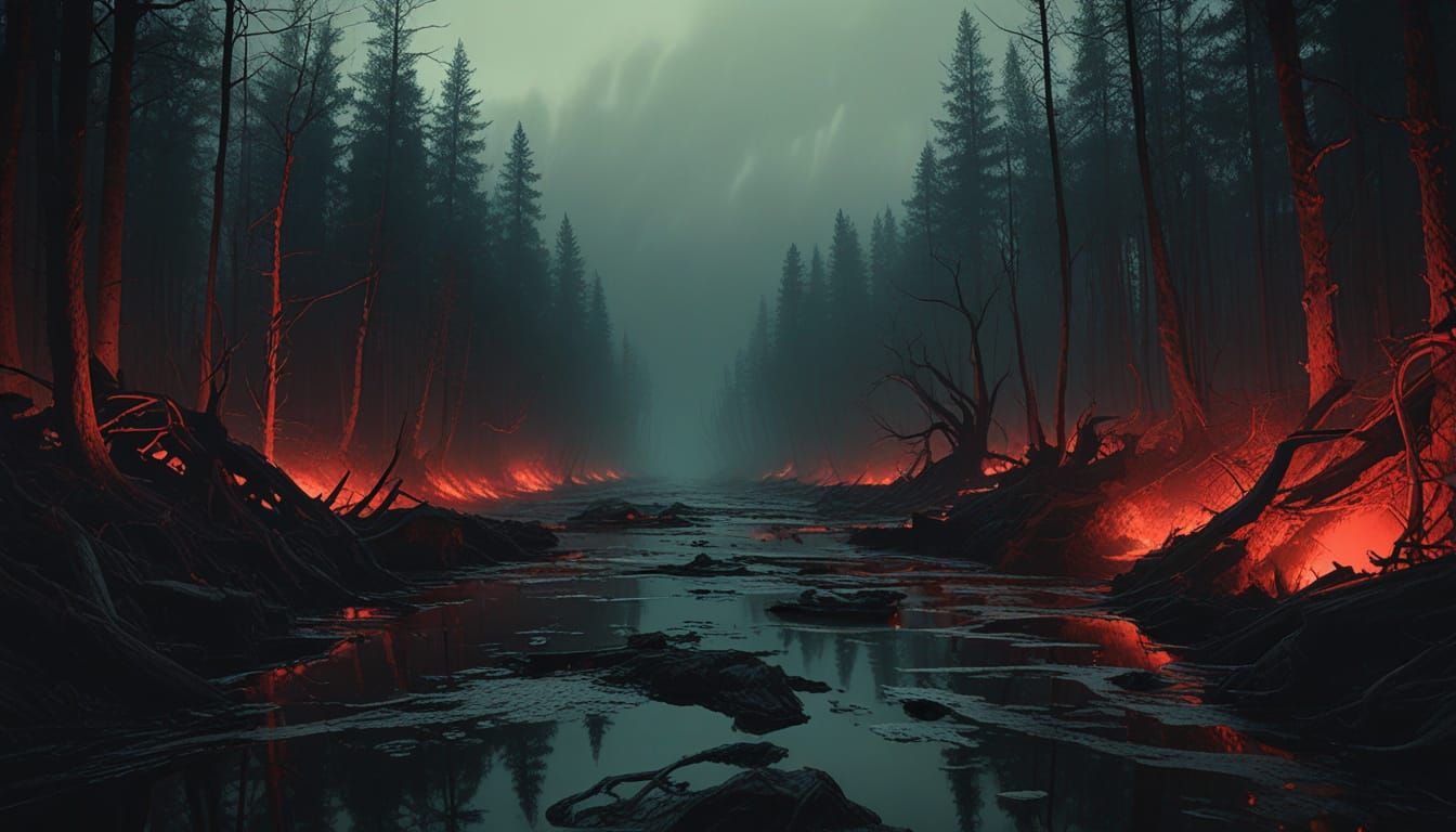 In a boundless, dark expanse of churning, iridescent mist