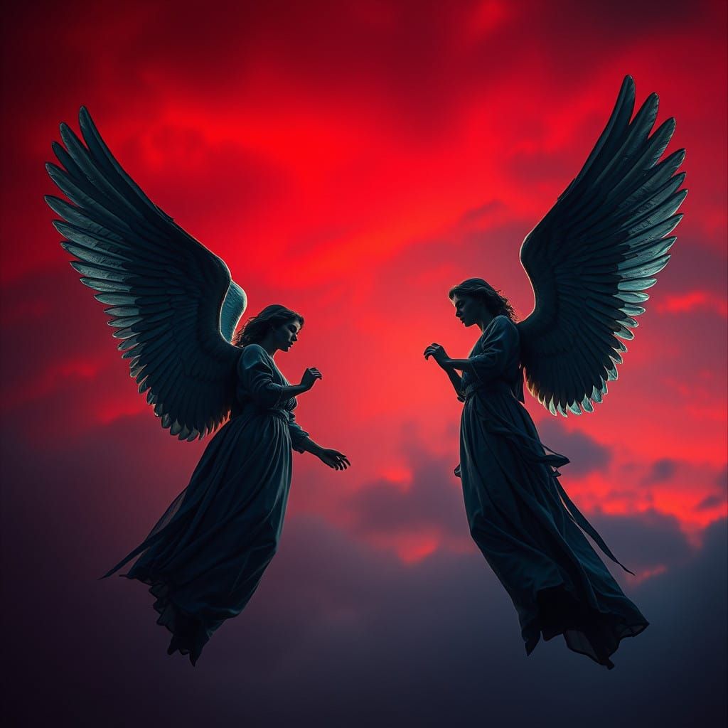 Epic Angels Converge in a Deep Crimson Sky - AI Art