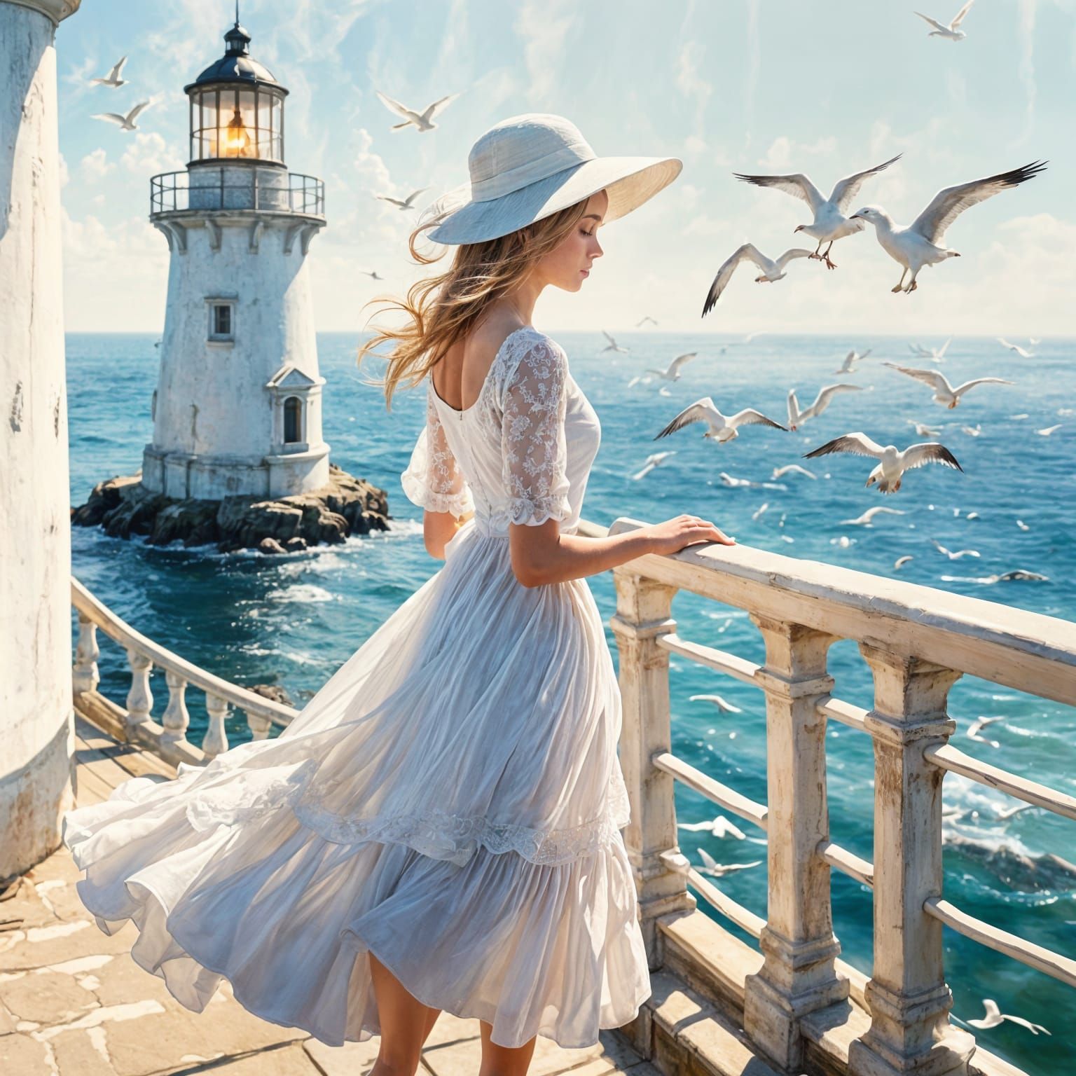 Whispers of the Lighthouse - Woman in White Gaze Out at Ocea...