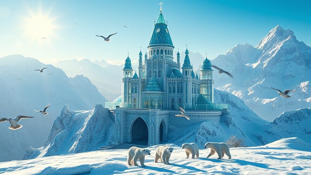 The Snowy Castle - Majestic Crystal Castle on Snowy Mountain...
