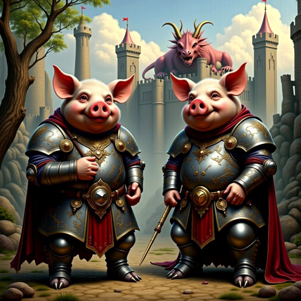 The Front Guard - Pigs in Armor Stand Guard Before a Castle ...