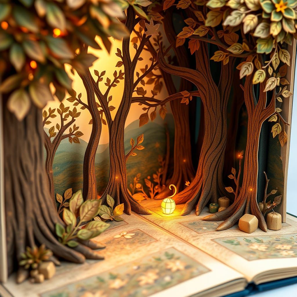 Whimsical Forest Scene in Vibrant, Pop-Up Book Sty... - AI Art