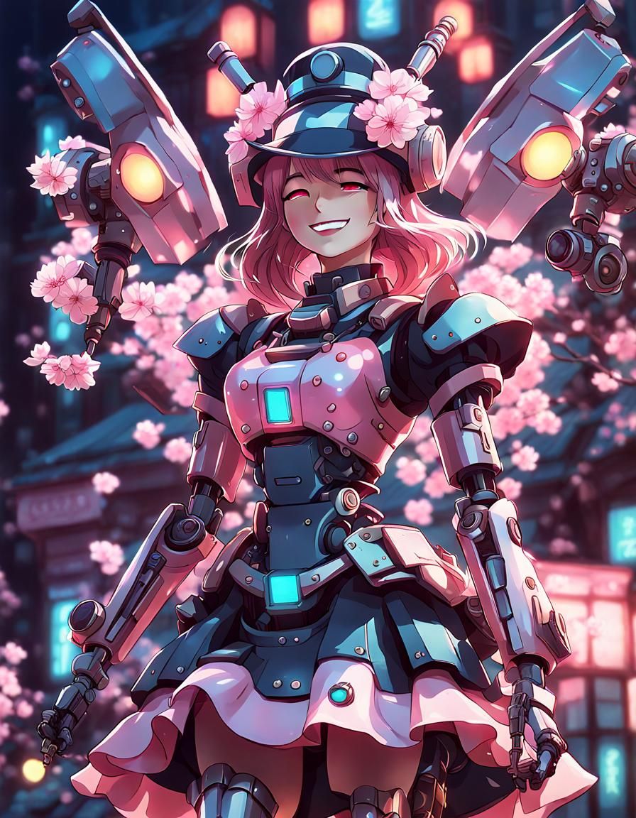 (hyper detailed cute anime art of a cute robot girl laughing and waving ...