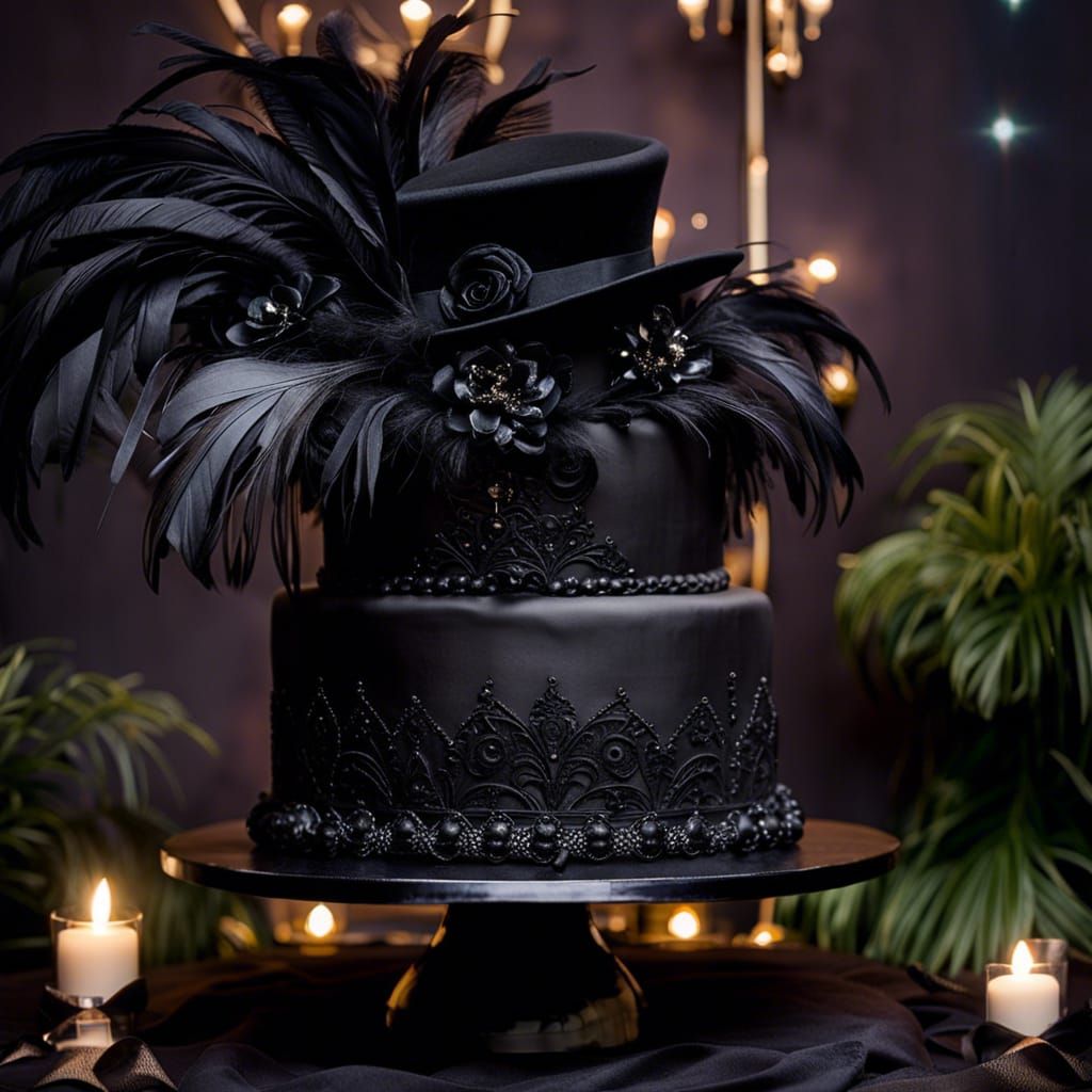 a 4 tier black gothic cake decorated with beautiful black silk flowers ...