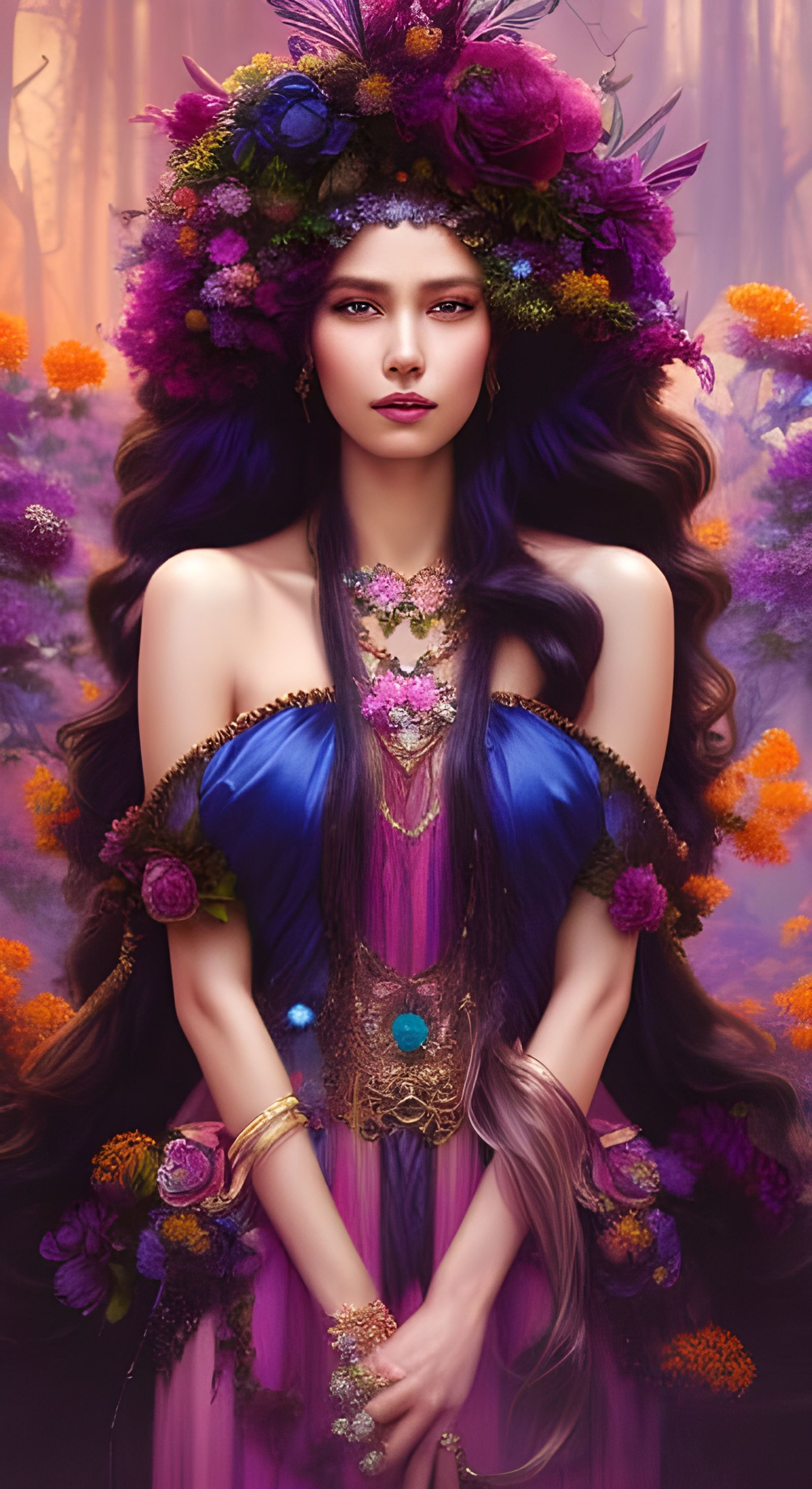 Portrait Of a Hippie queen surrounded by Plants And Flowers art by Ross ...