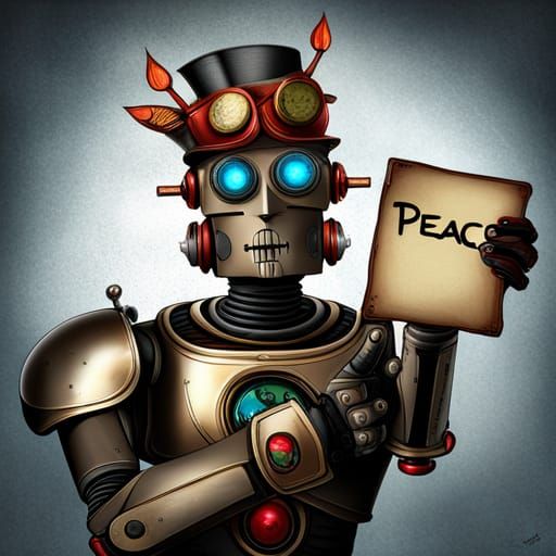 Steampunk robot holding a sign, written on the sign is "peace";robot ...