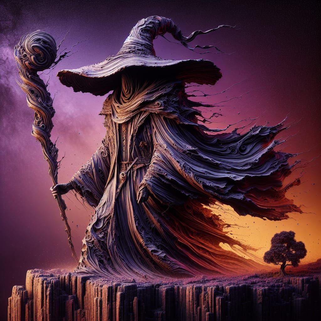 Weird Wizard - Surreal Fantasy Wizard on Cliff at Night