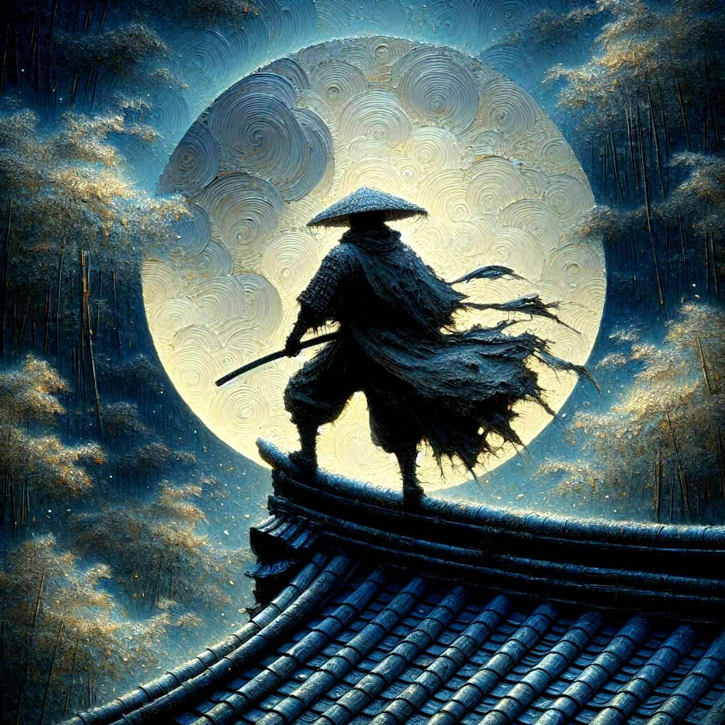 samurai serenade - Samurai Under Moonlit Temple Rooftop