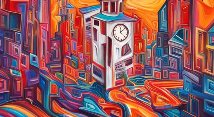 abstract artwork of a clock tower in a distorted cityscape - AI ...