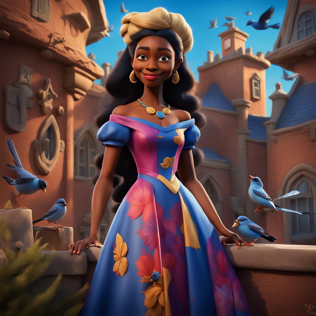 a beautiful black woman as cinerella from disney with birds, very long ...